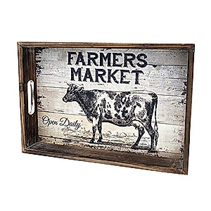 DeliDecor Large Decorative Serving Trays with Handle, Set of 3 Nesting Rustic Wooden Organizer Distressed Farmers Market Farmhouse Decor with Cow Pattern, Coffee Food Platters, Open Daily 17"x12.5"