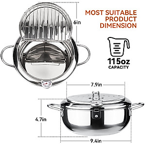 Kerilyn Deep Fryer Pot, 9.4 Inch/3.4 L Janpanese Style Tempura Frying Pot with Lid, 304 Stainless Steel with Temperature Control and Oil Drip Drainer Rack, for Kitchen French Fries, Chicken etc