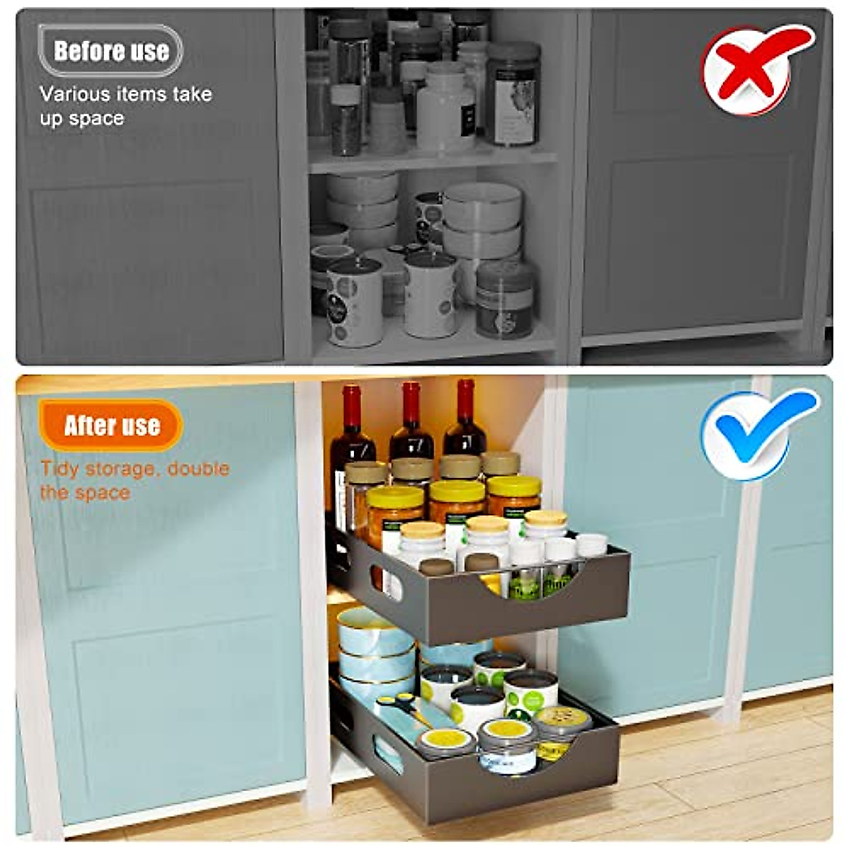 caktraie Pull Out Cabinet Organizer Fixed with Adhesive, Slide Out Drawer Storage Shelves - 10.8" W x 15.15" D Heavy Duty Pull Out Drawers for Kitchen Cabinets, Living Room, Home - Black