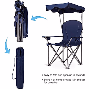 GYMAX Canopy Camping Chair, Folding Sport Chair with Sunshade & Carrying Bag, Portable Heavy Duty Chair for Beach, Poolside, Travel Picnic (Blue)