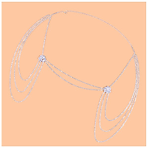 Women Rhinestone Layered Shoulder Chain Necklace Sexy Bikini Body Chain Party Wedding Summer Beach Jewelry Accessories (Silver)