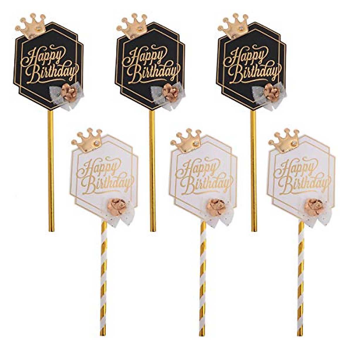 Amosfun Crown Cake Toppers Hexagon Cake Inserts Elegant Cupcake Decor Party Supplies (White+ Black) for Party Cake Decortion