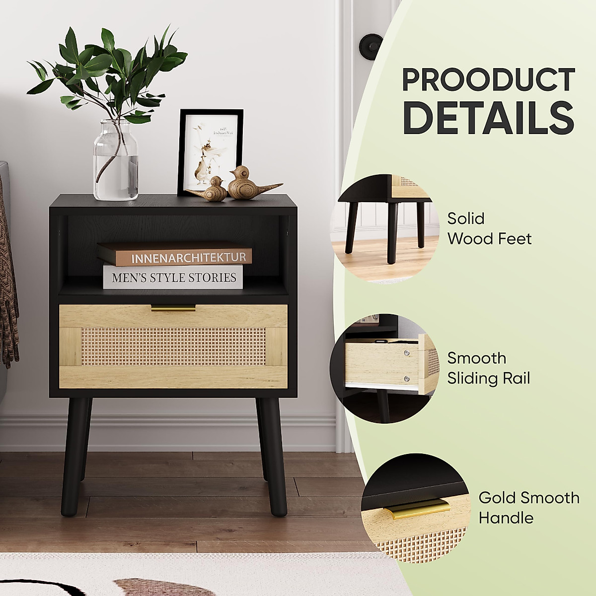 Smuxee Black Rattan Nightstand with Drawer, Boho Large Bedside Table with Open Shelf, Side Table for Bedroom, Study Room