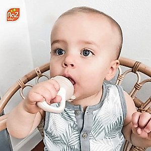 RaZbaby Baby Solids/Frozen Fruit Feeder Pacifier, Infant Teether Toy 6M+, BPA-Free Silicone Pouch & Nipple, Safely Introduce Solids, Natural Teething Relief, Dishwasher Safe, Freezable – Green/Blue