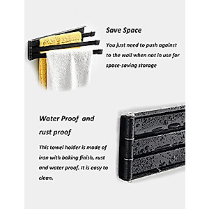 MAOERFUL 3 Swing Arms Towel Holder Wall Mount Towel Rack Dish Rag Dishcloths Washcloth Storage Organizer Hanger Swivel Hand Towel Bar for Sink Door Cabinet in Kitchen Bathroom (Black)