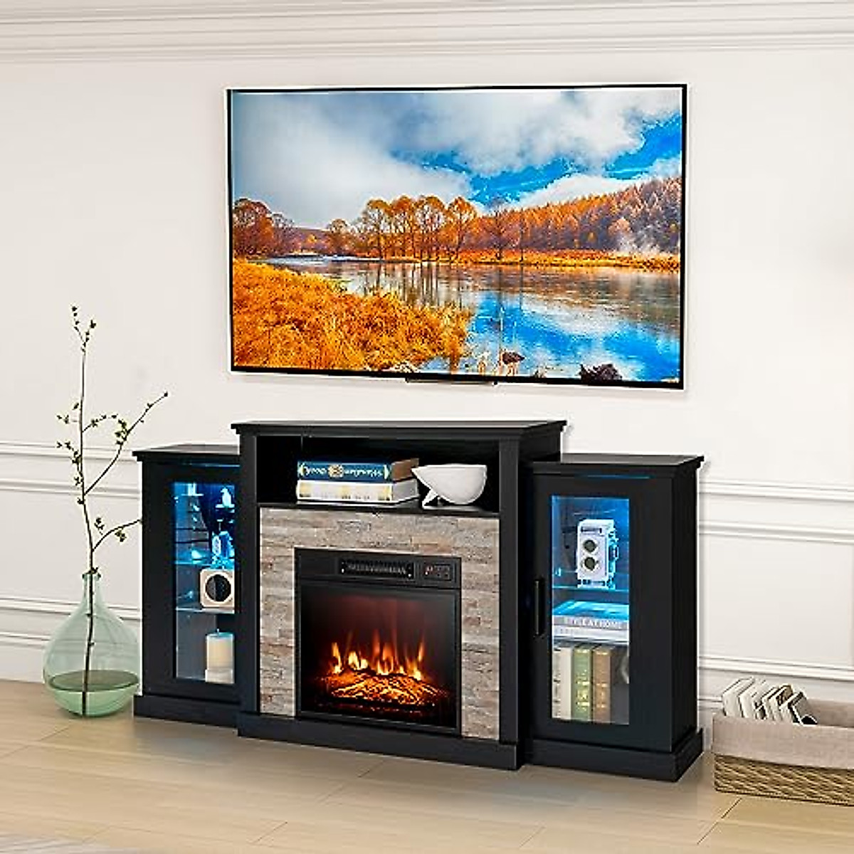 Tangkula Electric Fireplace TV Stand, Electric Fireplace Mantel with 16-Color Led Lights, Adjustable Glass Shelves, Remote & Smart APP Control, TV Console for Living Room (Black)