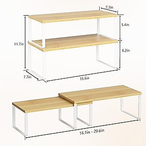 NEX Kitchen Cabinet and Counter Shelf Organizer, Stackable & Expandable, Set of 4, White and Natural - 7.7 x 15.6 x 6.2''