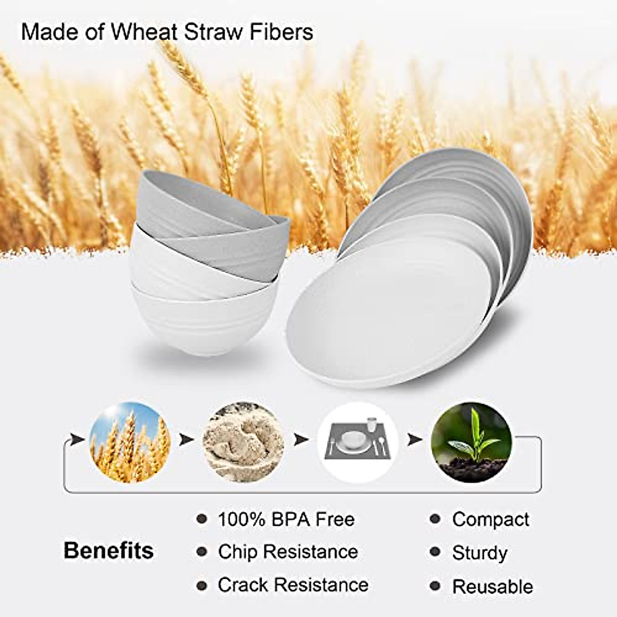 Wheat Straw Dinnerware Sets - Unbreakable Dinnerware Dishes Set for 4 (28-Pc) - Adult & Kids Plates and Bowls Sets - Plastic Plates Reusable, Cups, Cereal Bowls - Microwave Safe