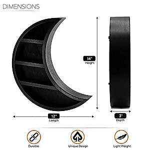 TopMoon Wooden Moon Shelf - Black Moon Decor for Bedroom, Bathroom, Living Room - Hanging Crescent Moon Shelf for Crystals, Stone Display - Moon Shaped Wall Decor for Essential Oil, Perfume - 14"x12"