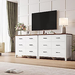 HOSTACK 6 Drawer Double Dresser, White Dresser, Wide Chest of Drawers, Wood Storage Dresser Chest Organizers for Living Room, Entryway, Hallway, White/Rustic