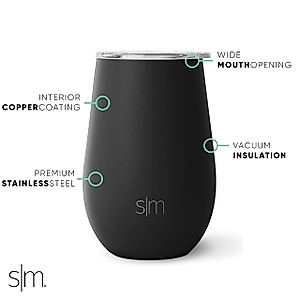 Simple Modern Wine Tumbler with Lid | Cute Stemless Glass Cup with Press-In Lid | Insulated Stainless Steel Coffee Mug | Gifts for Women Men Him Her | Spirit Collection | 12oz | Midnight Black