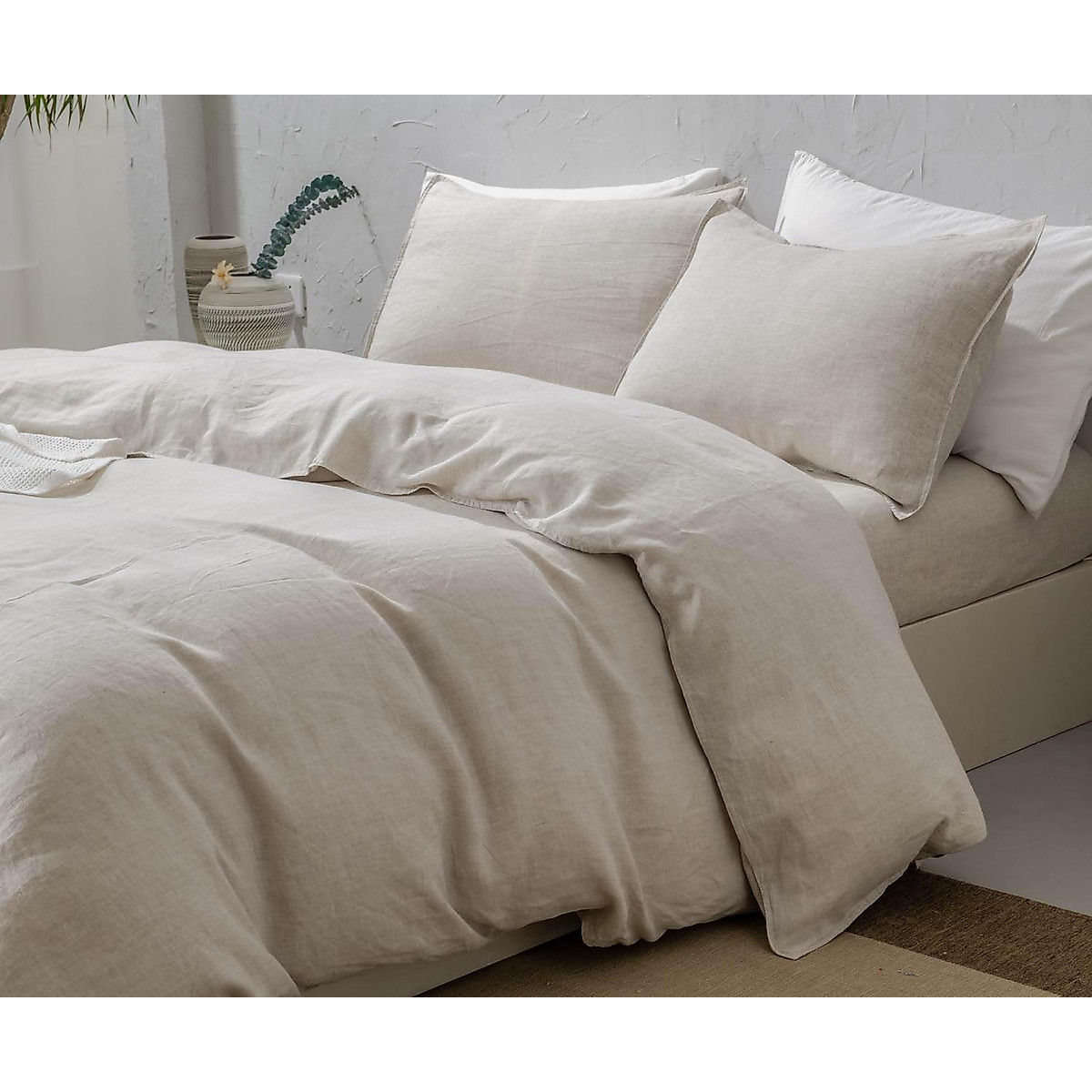 meadow park 100% Linen Duvet Cover Set Queen, 3 Pieces (1 Duvet Cover and 2 Pillow Shams), Basic Style with Button Closure, Washed French Flax, Queen Size, Natural Color