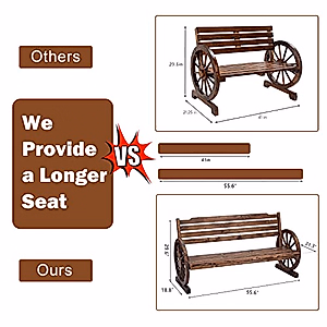 kinbor Wooden Rustic Wagon Wheel Bench, Outdoor Bench Seat, Patio 2-Person Bench with Backrest