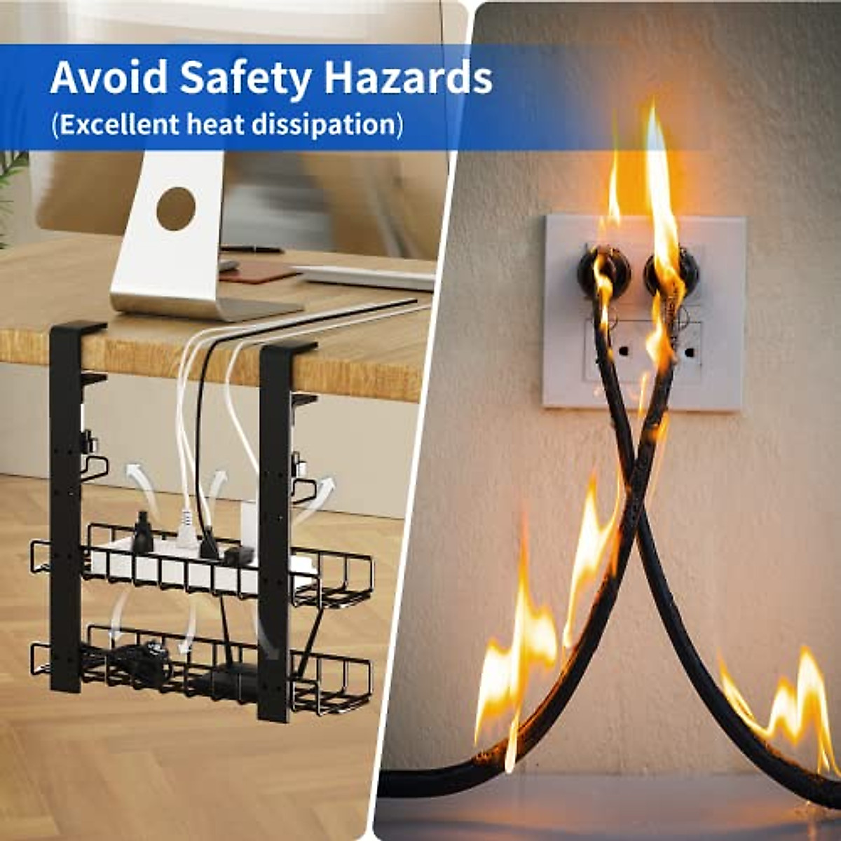 Under Desk Cable Management Tray, High Capacity Cord Organizer Rack for Desk, 2 Tier Desk Wire Management with Clamp Mount System, No Drill Cable Basket fits 0.4" to 2.4" Thickness Flat Side Desk