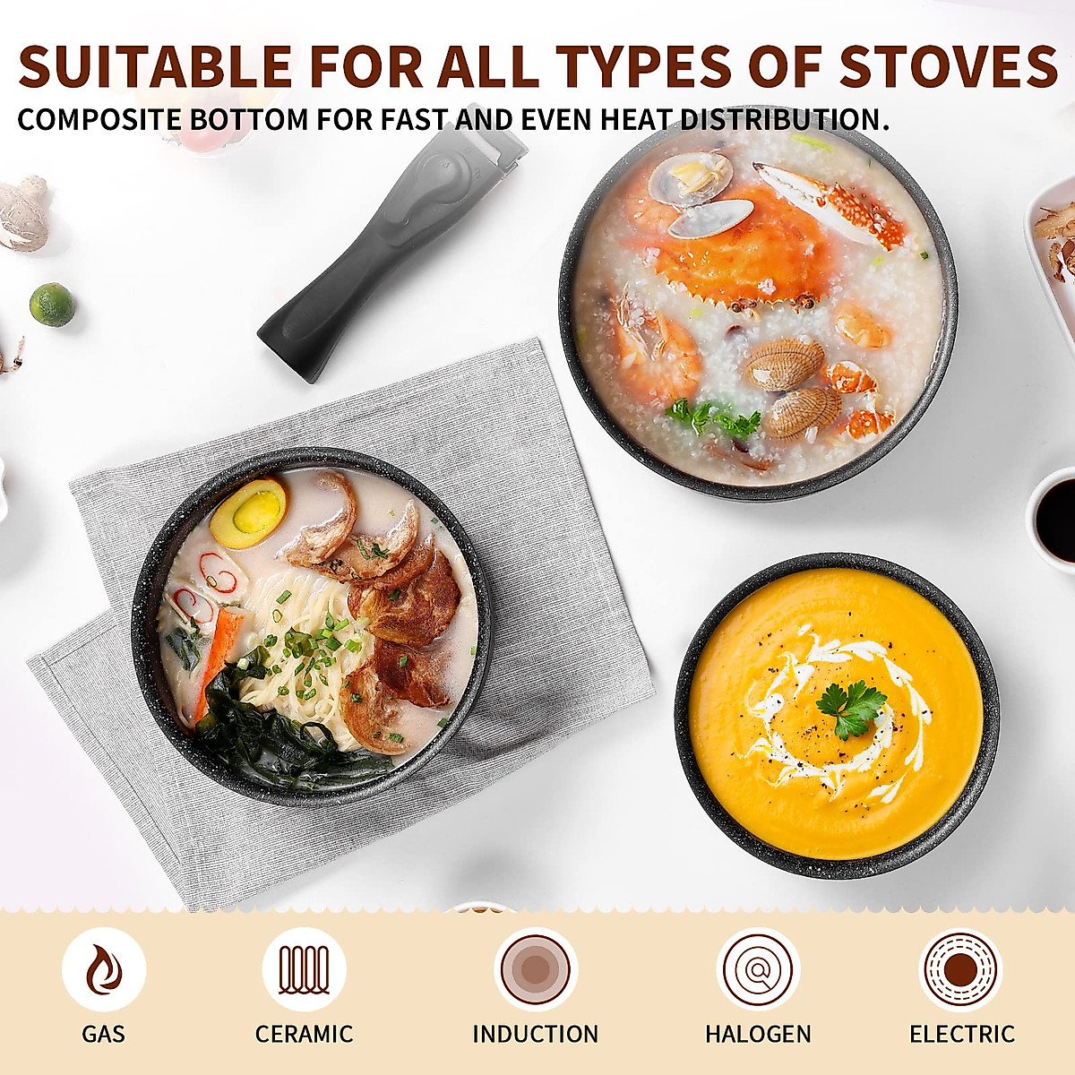 Fadware Induction Sauce Pan Set 1.5QT & 2QT & 3QT, Pot Set with 3 Frige Covers, Cooking Pot Set with Removable Handle, Nonstick Saucepans for Cooking, 7-Piece