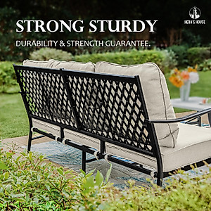 HERA'S HOUSE 6 Pieces Patio Furniture Set with Fire Pit Table, 2 x Rocking Chair, 2 x Ottoman, 3-Seat Sofa with 45" Fire Pit Table, Outdoor Conversation Set for Garden, Poolside, Backyard