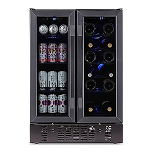 NewAir 24” Wine and Beverage Refrigerator and Cooler, 18 Bottle and 60 Can Capacity, Built-in Dual Zone Fridge in Black Stainless Steel with French Doors