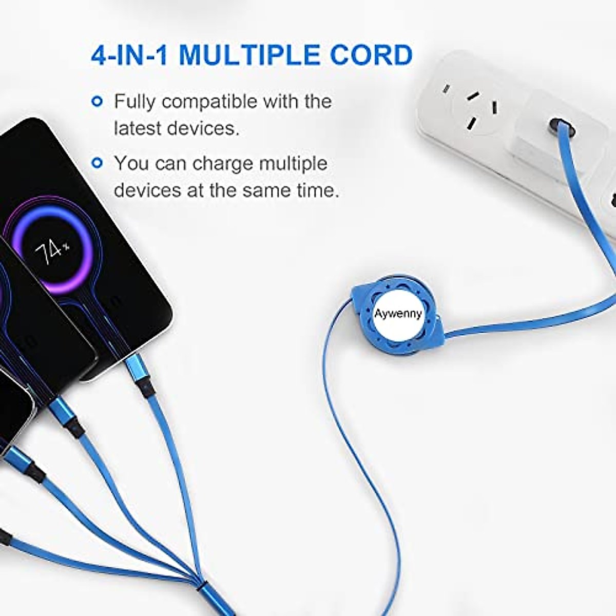 2 Pack 4 in 1 Multi USB Retractable Charger Cable,3A Multiple Charging Cord Adapter with Dual Phone/USB-C/Micro-USB Port Adapter, Fast Charging Compatible with Cell Phones Tablets Universal (2park)