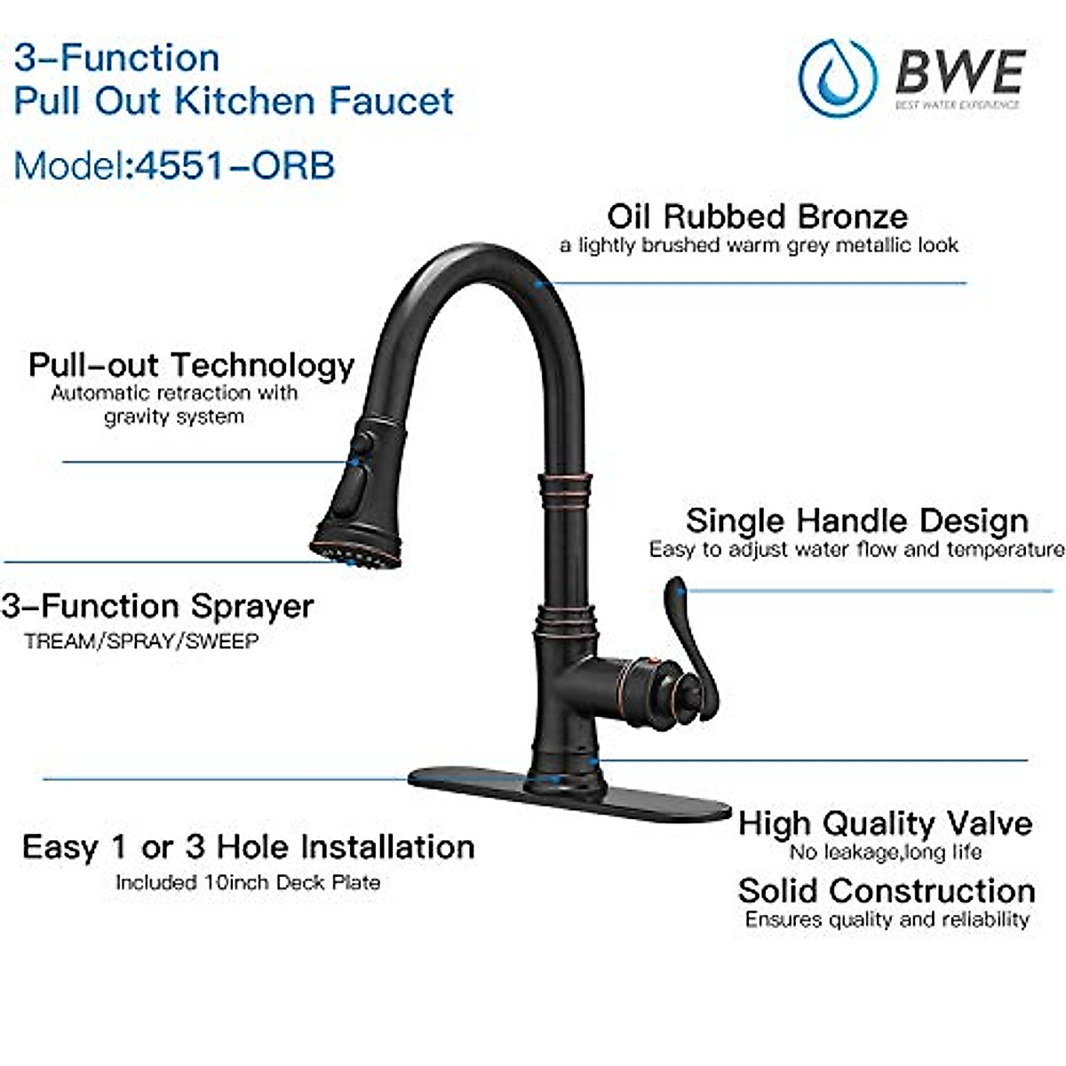 BWE Kitchen Faucet with Pull Out Sprayer 3 Spray Modes Oil Rubbed Bronze Single Handle High Arc Kitchen Sink Faucet with Deck Plate Lead-Free Commercial Bar Farmhouse Pull Down Sprayer