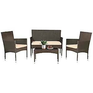 FDW Patio Furniture Set 4 Pieces Outdoor Rattan Chair Wicker Sofa Garden Conversation Bistro Sets for Yard (Brown)