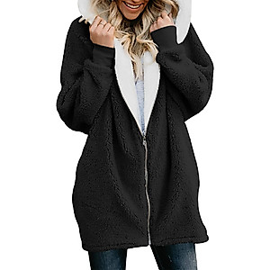 ReachMe Womens Fleece Zip Up Jacket with Pockets Oversized Long Sherpa Hoodie Fuzzy Jackets Warm Teddy Coat(02 Black,XL)