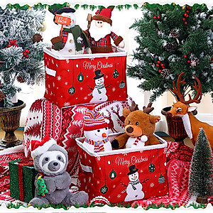Chapou 4 Pcs Christmas Basket with Handles Collapsible Laundry Basket Christmas Storage Basket Fabric Laundry Baskets Storage Organizer Bag for Baby Cloth Book Storage Cubes(Snowman)