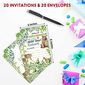 AWSICE Party Animals Birthday Invitations, Safari Theme Double-Sided Fill-In Invite Cards For Birthday Party, 20 Invitations With Envelopes, Decorations,Party Favor And Supply-A11