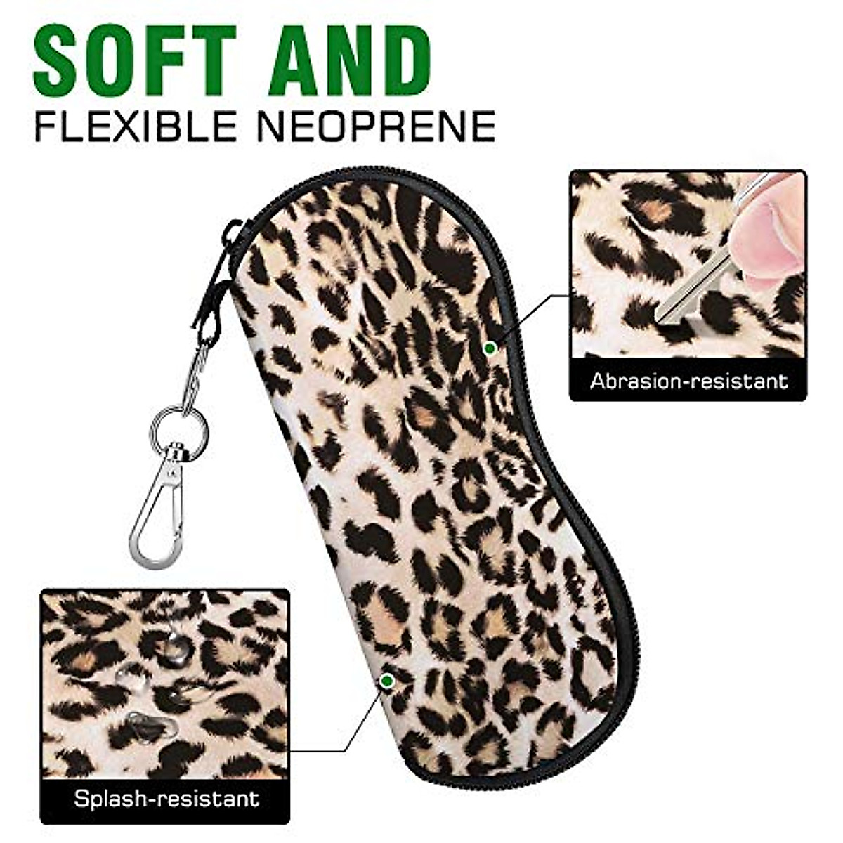 MoKo Eyeglasses Case, (2 Pack) Soft Zippered Neoprene Sunglasses Pouch Protective Eyewear Case Bag with Clip for Men and Women, Black and Leopard