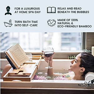 Bath Caddy Tray for Tub: Bamboo Bathtub Tray Caddy Expandable with Wine Glass Holder and Book Stand. Luxury Bubble Bath Accessories & Spa Decor. Self Care Gifts for Women, Birthday Gift for Mom.