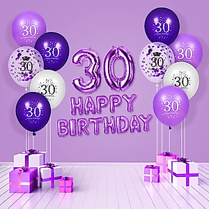 30th Purple Birthday Balloons Decorations, 16 PCS Purple White Happy 30th Birthday Confetti Latex Balloons for Women Men Happy Birthday Party Wedding Anniversary Indoor Outdoor Party Supplies,12 Inch