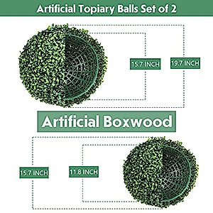 THE BLOOM TIMES Boxwood Balls, Set of 2 Round 15.7 Inch Artificial Plant Topiary Ball Faux Decorative Ball Outdoor UV Protected 4 Layers for Front Porch, Patio, Planter, Garden, Indoor Home Decor