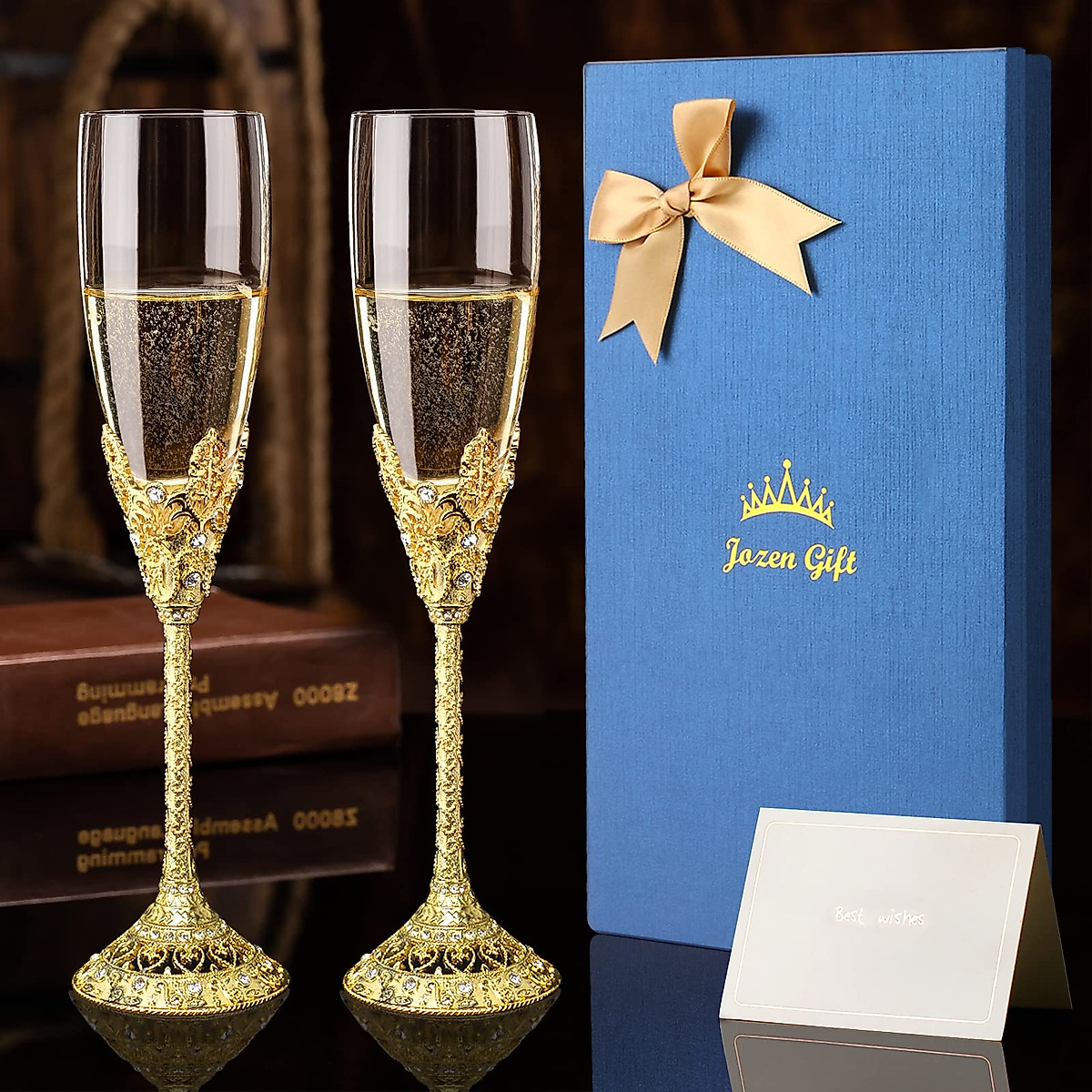 Jozen Gift Gold Champagne Flutes - Crystal Glasses&Metal Base With Crystal Stone, Set of 2 Toasting Flute Pair, Wedding Anniversary, Party Birthday Banquets Gifts for Bride and Groom 6 oz