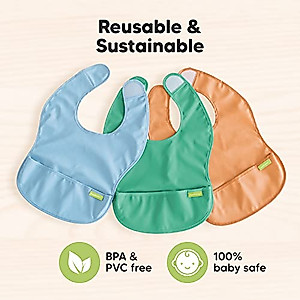 3-Pack Waterproof Baby Bibs for Eating - Lightweight Baby Bib with Food Catcher, Mess Proof Toddler Bibs, Waterproof Bibs for Baby Boys, Baby Girls, Feeding Bibs, Drool Bibs, Baby Food Bibs (Basics)