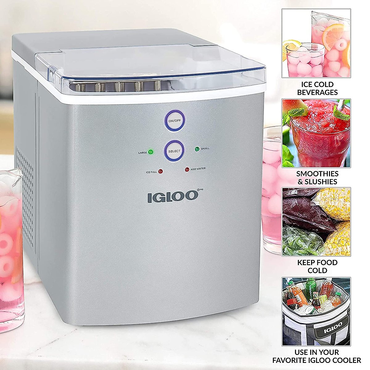 Igloo ICEB33SL Large-Capacity Automatic Portable Electric Countertop Ice Maker Machine, 33 Pounds in 24 Hours, 9 Ice Cubes Ready in 7 minutes, With Ice Scoop and Basket, Perfect for Water Bottles