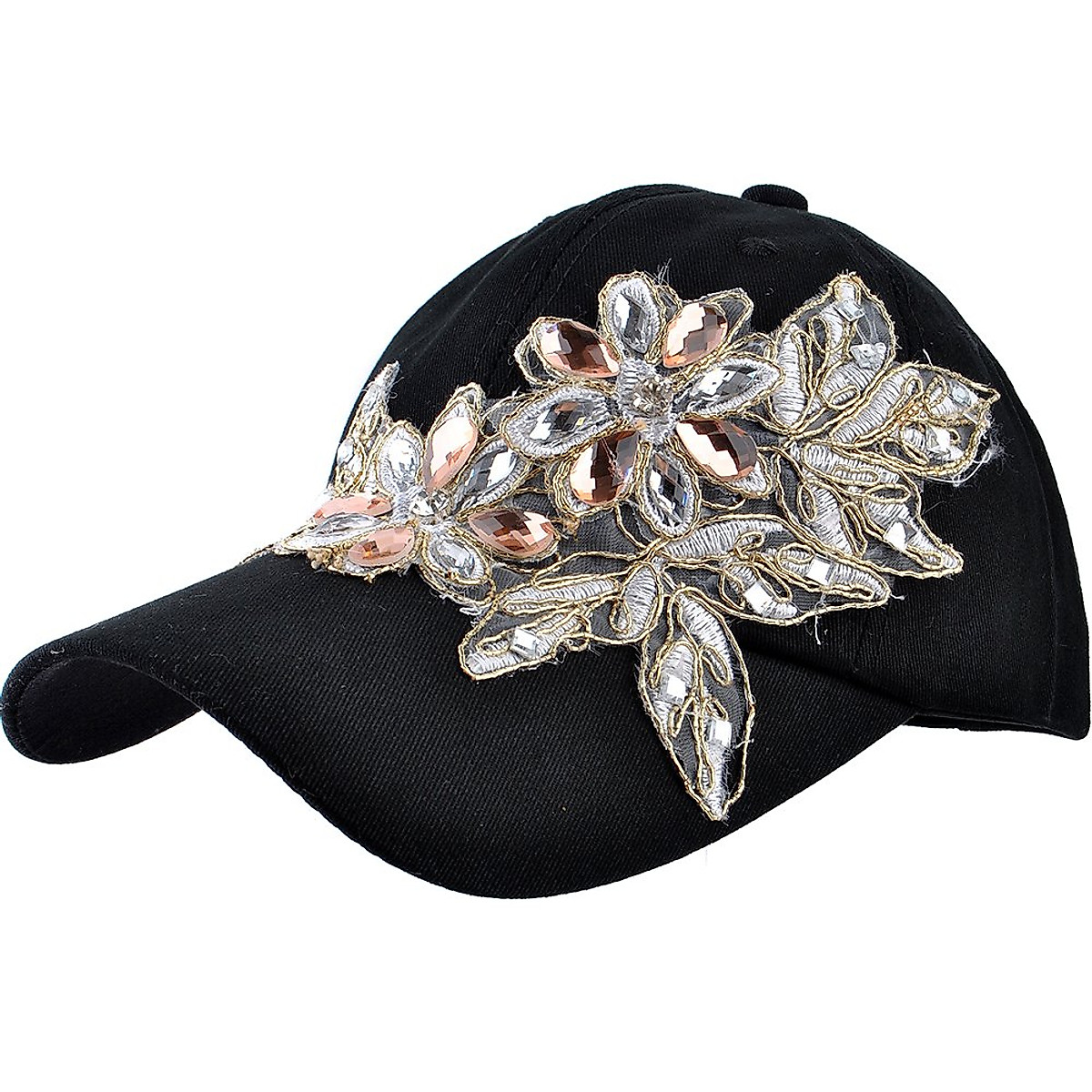 Elonmo Lace Flower Bling Rhinestone Hat, Womens Baseball Cap with Crystal Rhinestone Golf Sun Hats Jeans Wash Denim Adjustable (Flower-Black)