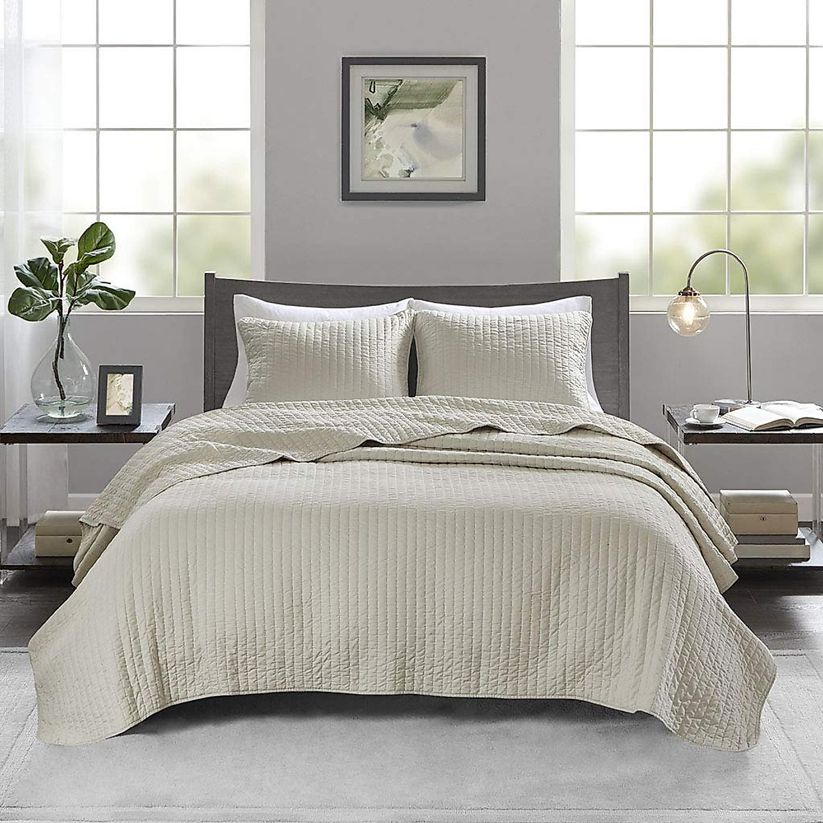 Madison Park Keaton Quilt Set-Casual Channel Stitching Design All Season, Lightweight Coverlet Bedspread Bedding, Shams, Full/Queen(90"x90"), Stripe Cream, 3 Piece