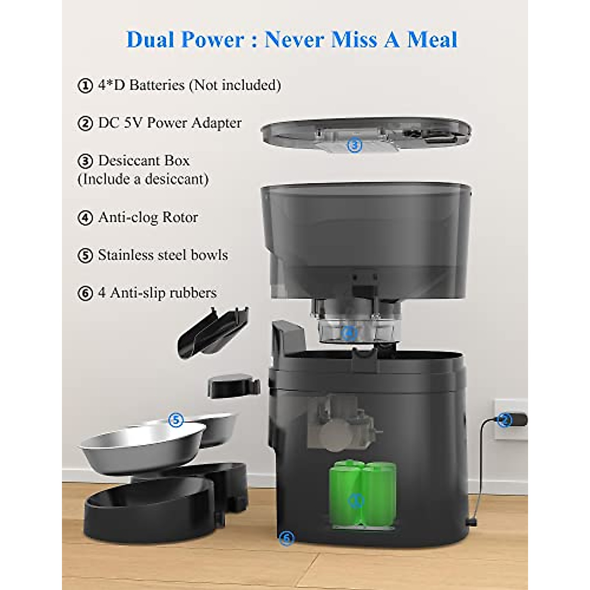 HoneyGuaridan Automatic Cat Feeder for 2 Cats,Wi-Fi Smart Pet Feeder,Timer Cat Food Dispenser for Cats & Dogs, APP Control,Dessicant, Voice Recorder,Stainless Steel Bowl 1-6 Meals a Day (Black)