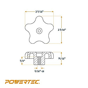 POWERTEC 5/16"-18 5 Star Knobs 5 Pack, Clamping Knobs with Steel Insert for T Track Bolts, Thumb Screw Threaded Knobs for T Track Accessories, Feather Boards, Woodworking Jigs and Fixtures (71071V)