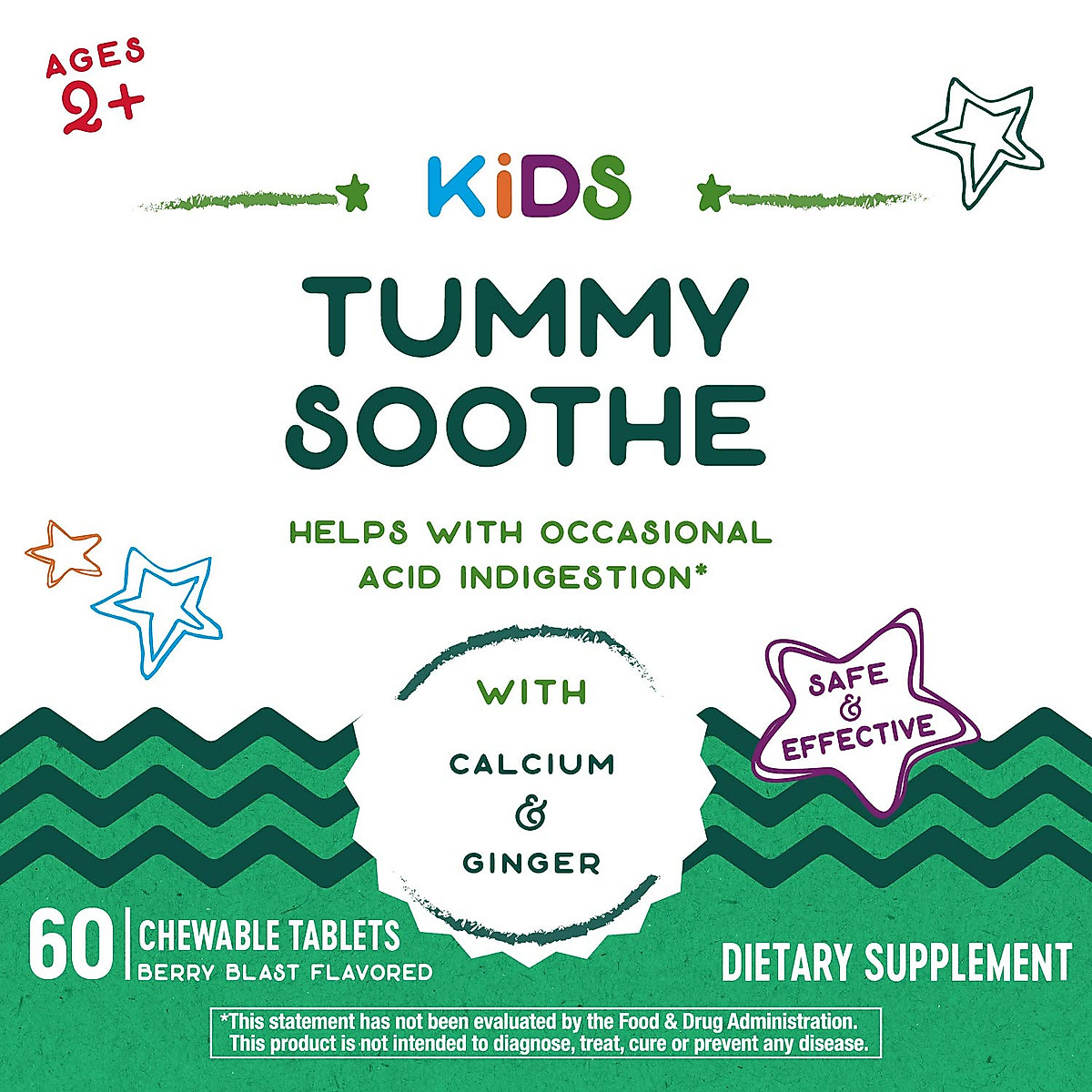 Nature's Way Kids Tummy Soothe with Calcium & Ginger, For Occasional Tummy/Stomach Upset*, Berry Blast Flavored, 60 Vegan Chewable Tablets