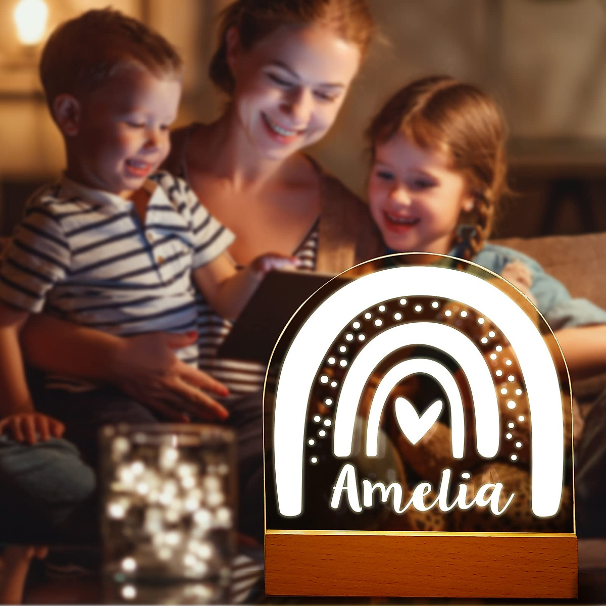 VEELU Customized Watercolor Rainbow Acrylic LED Lamp Personalized Lamp with Name Colorful Pattern Night Light for Girl Toddlers Bedroom Kids Gift