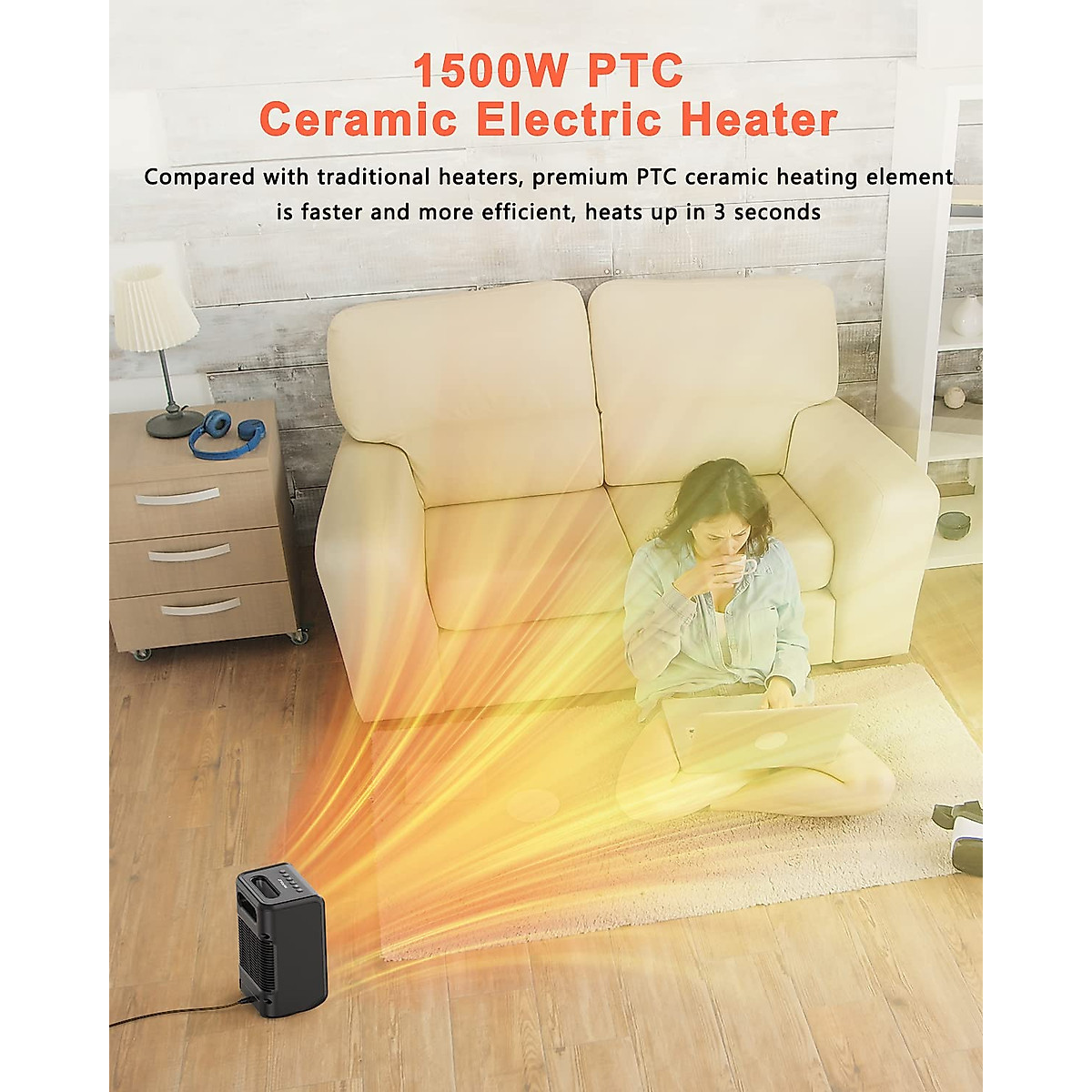 TriPole Space Heater Portable Electric Heater with Thermostat, 80° Oscillating Small Space Heaters for Indoor Use, 1500W Fast Heating PTC Ceramic Heater for Bedroom Office Desk, 1-12H Timer, ECO Mode