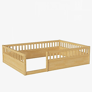 Floor Bed for Kids, Full Size Montessori Bed with High Fence Railings, Wood Playhouse Bed with Rails for Baby Boys Girls Teens, No Slats Included, Natural