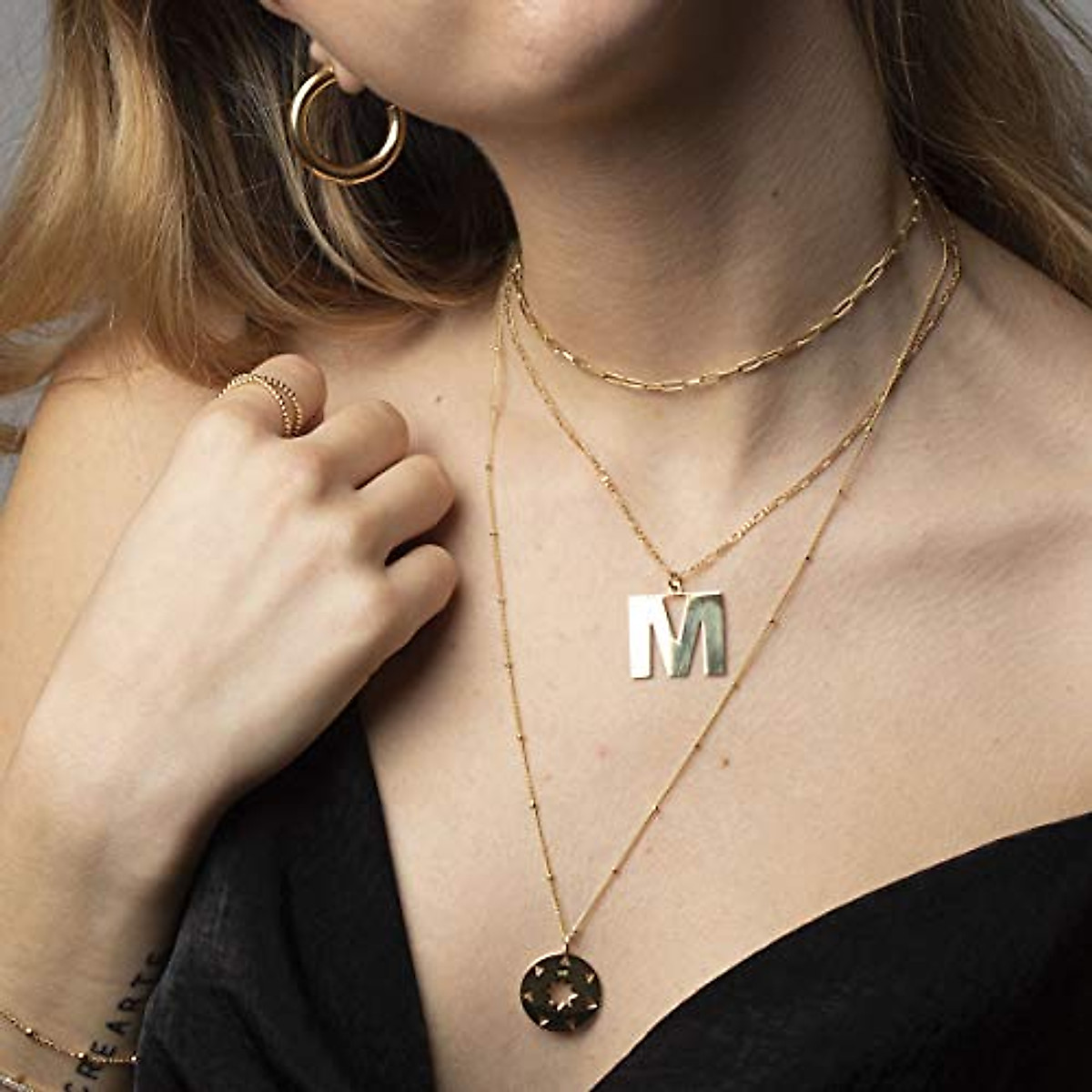 Aobei Pearl 18k Gold Oval Link Chain Choker Paperclip Necklace North Star Charm Short Adjustable Layering Necklace Minimalist Jewelry for Women 16’’