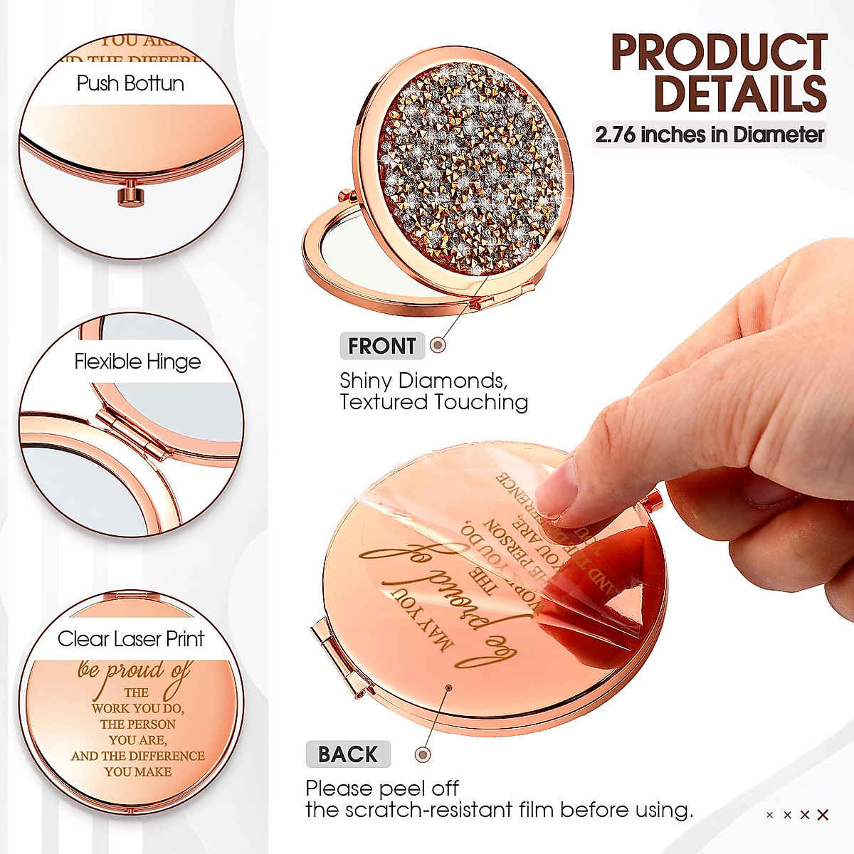 Unittype 10 Pcs Employee Appreciation Gift Inspirational Compact Mirror Thank You Gifts Bulk Travel Pocket Mirror for Women Teacher Nurse Caregiver Medical Assistant Gifts Bulk(Rose Gold)