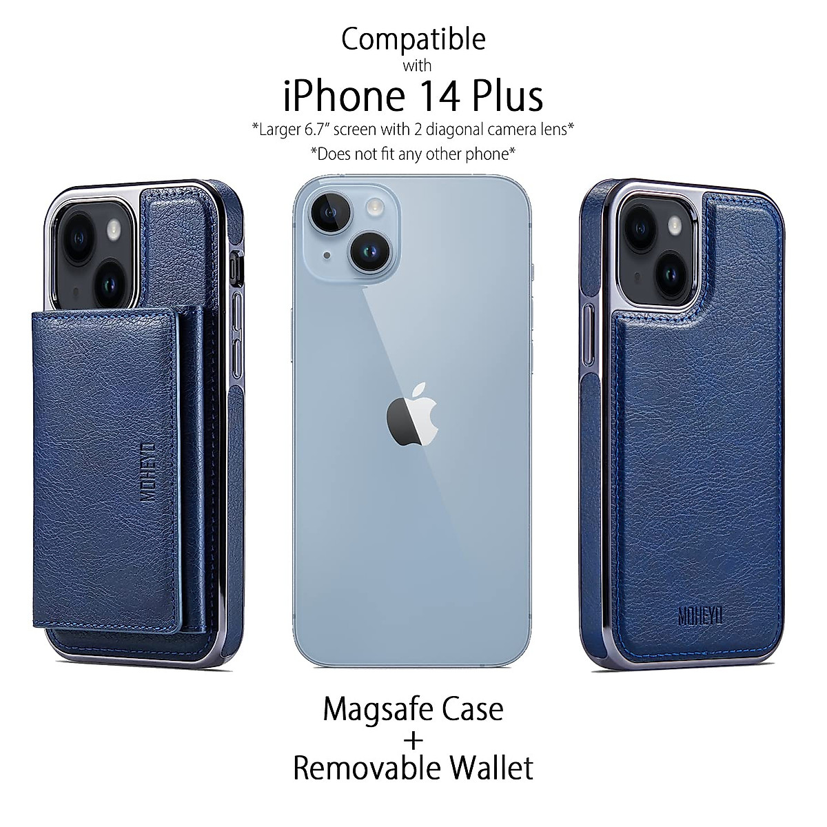 MOHEYO Designed for iPhone 14 Plus Case Removable Wallet Card Holder Magnetic Compatible with MagSafe Slim Thin Vegan Leather Cover (Blue)