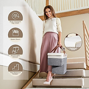 Puricon Stair Basket for Carpeted and Wooden Stairs, Flax Foldable Stair Step Basket with Drawer and Leather Handles, Staircase Storage Organizer for Home Toys Clothes