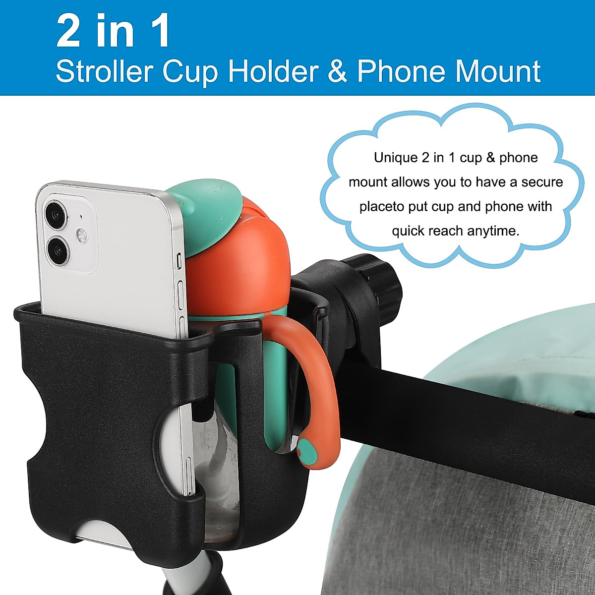 Accmor 2-in-1 Stroller Cup Holder, Universal Cup Holder for Uppababy Nuna Doona Strollers, 360° Rotatable Large Caliber Drinks Holder Cup Holder for Stroller, Bike, Wheelchair, Walker, Scooter
