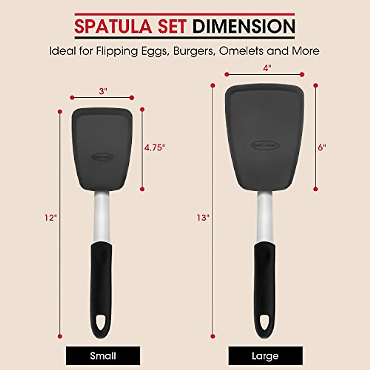 Unicook 2 Pack Flexible Silicone Spatula, Turner, 600F Heat Resistant, Ideal for Flipping Eggs, Burgers, Crepes and More, Black