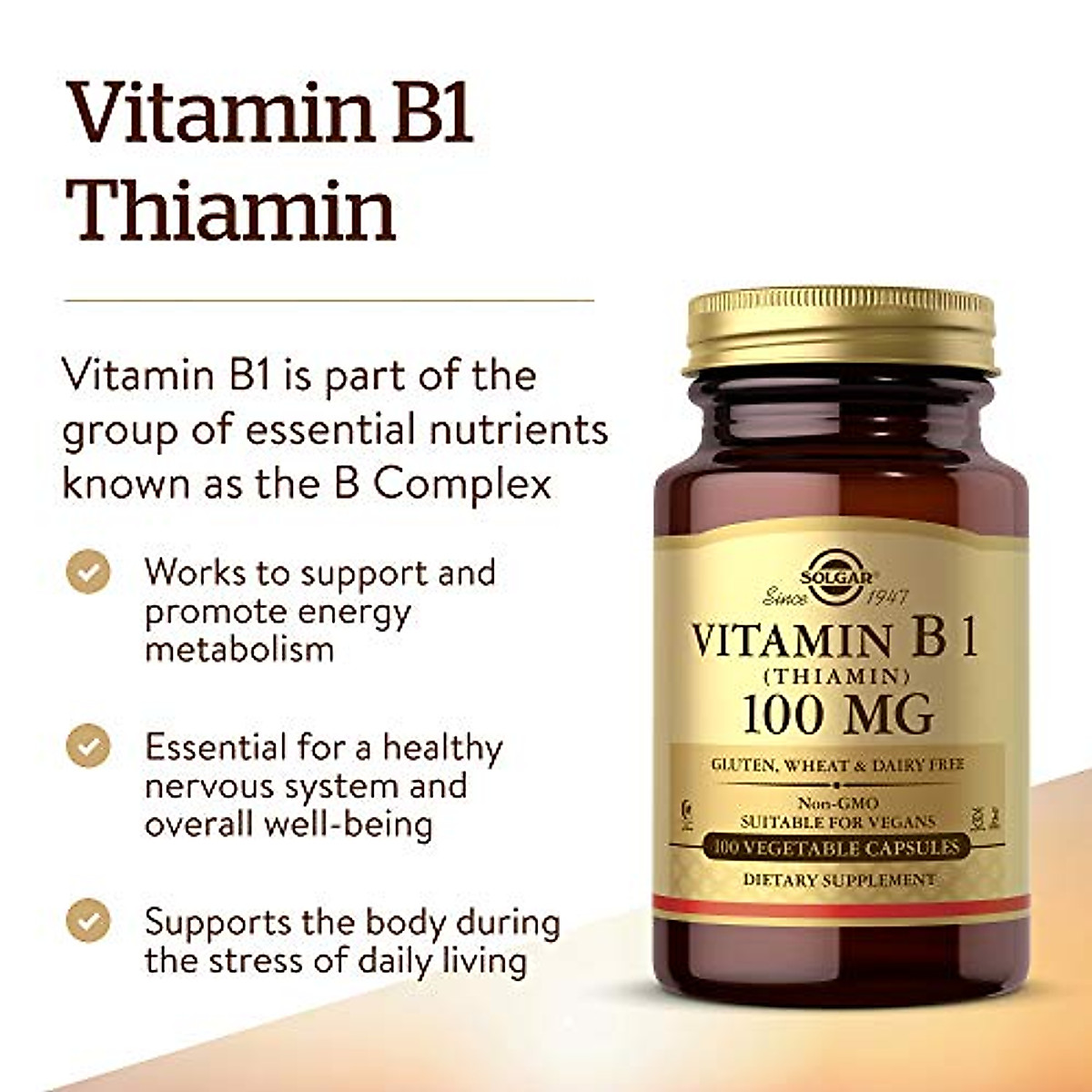 Solgar Vitamin B1 (Thiamin) 100 mg, 100 Vegetable Capsules - Energy Metabolism, Healthy Nervous System, Overall Well-Being - Non-GMO, Vegan, Gluten Free, Dairy Free - 100 Servings