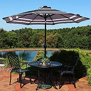 Sunnydaze 9 Foot Outdoor Patio Umbrella with Solar Lights & Tilt/Crank, LED, Navy Blue Stripe